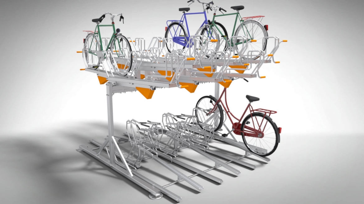 Two-Tier Bike Racks gas assisted. Double stand bike racks - manufacturer